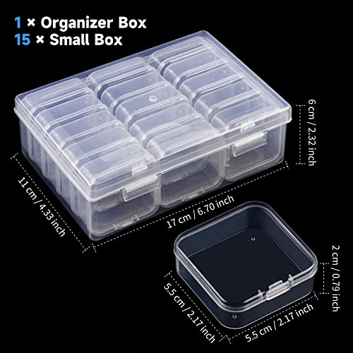 Qeirudu 15Pcs Small Clear Plastic Storage Containers - Bead Organizer Cases Storage Boxes with Hinged Lids for Beads, Jewelry and Craft Supplies (2.17 x 2.17 x 0.79 Inch)
