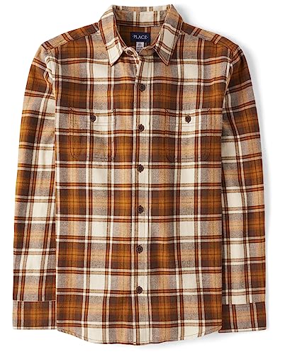 The Children's Place,Long Sleeve Plaid Flannel Button Up Shirt,HAY Stack,XLarge (Adult)