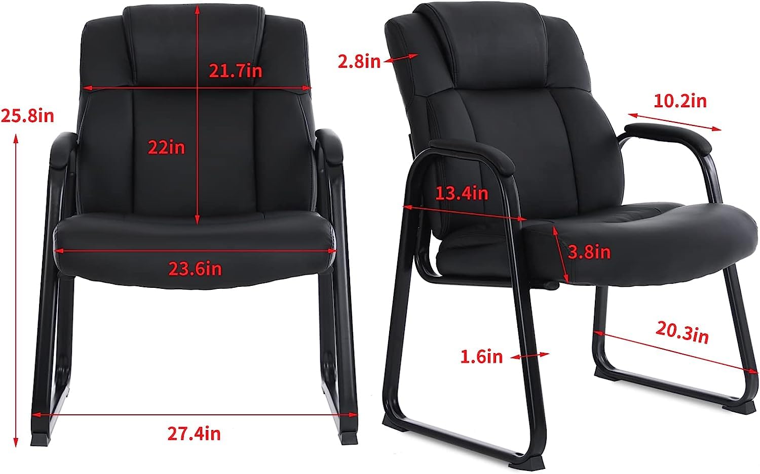 CLATINA Big & Tall 400 lb Waiting Room Guest Executive Chair with Bonded Leather Padded Armrest Modern Style with Sled Base and Solid Metal Frame for Office Reception and Conference (Black-B(A))