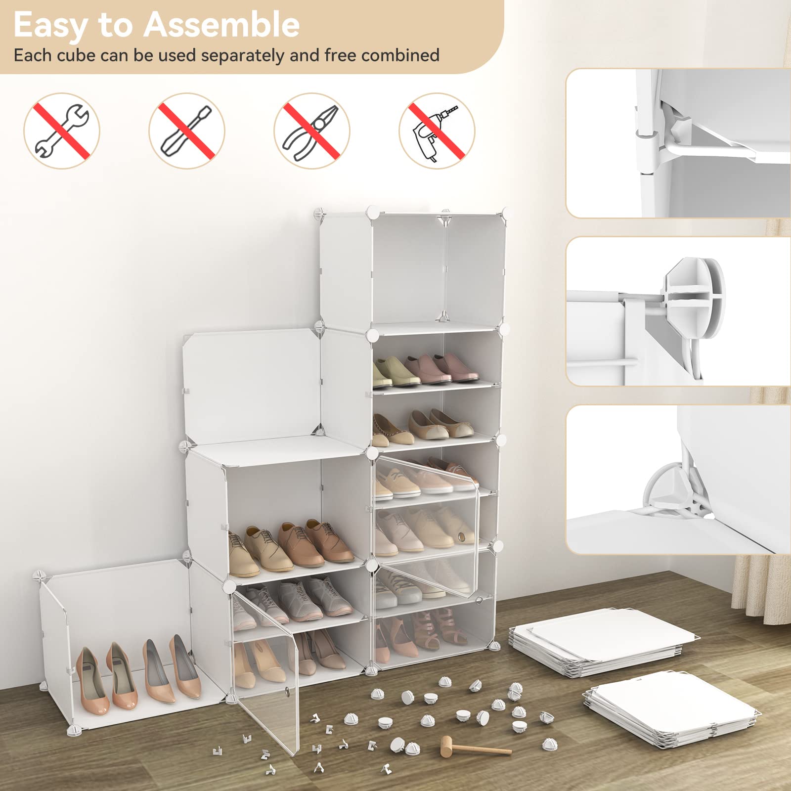 WEXCISE Portable Shoe Rack Organizer with Door, 48 Pairs Storage Cabinet Easy Assembly, Plastic Adjustable Stackable Detachable Free Standing DIY Expandable 8 Tier White, (NNF-XJ-012)