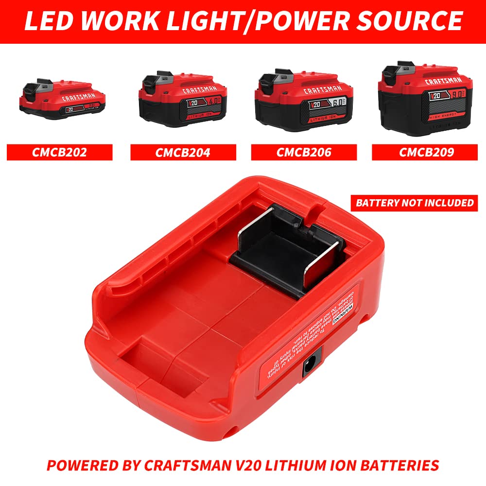 Hiesuan Battery Adapter Charger for Craftsman V20 Li-ion Battery, Power Source with 3W 140LM LED Light, 2 USB Ports, 12V DC Port Flashlight Worklight Outdoor Camping Lantern Light