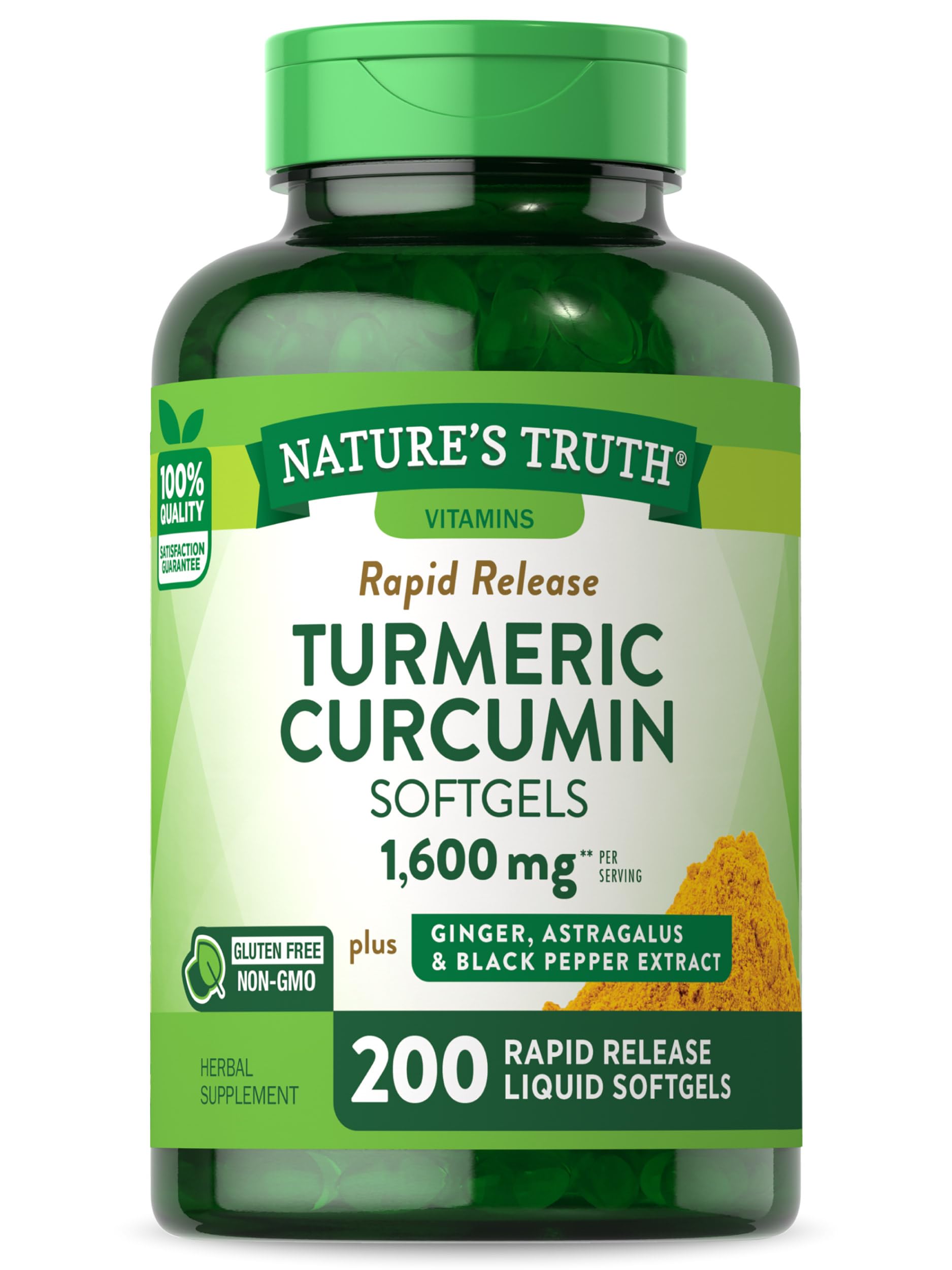 Nature's Truth Turmeric Curcumin Complex | Plus Ginger, Astragalus, & Black Pepper Extract | 200 Rapid Release Softgels | Non-GMO and Gluten Free Supplement