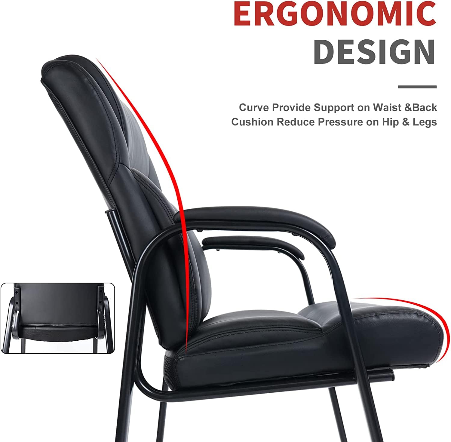 CLATINA Big & Tall 400 lb Waiting Room Guest Executive Chair with Bonded Leather Padded Armrest Modern Style with Sled Base and Solid Metal Frame for Office Reception and Conference (Black-B(A))