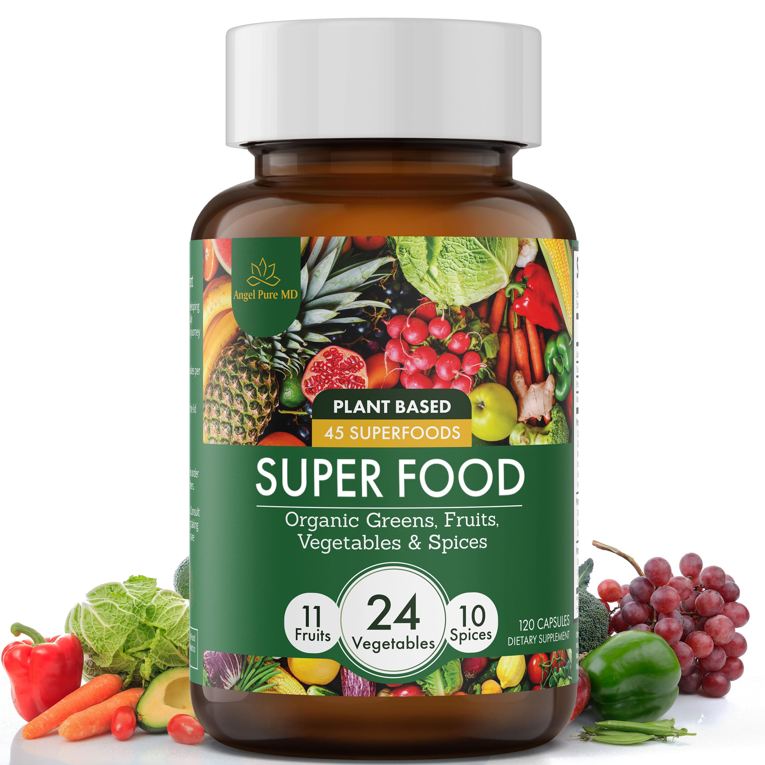 Angel Pure MD Superfood Greens Fruit and Veggies Supplement - USDA Organic Super Greens & Super Reds Vegetable Supplements for Adults - Cruciferous Vegetables Supplement for Immunity & Gut Health