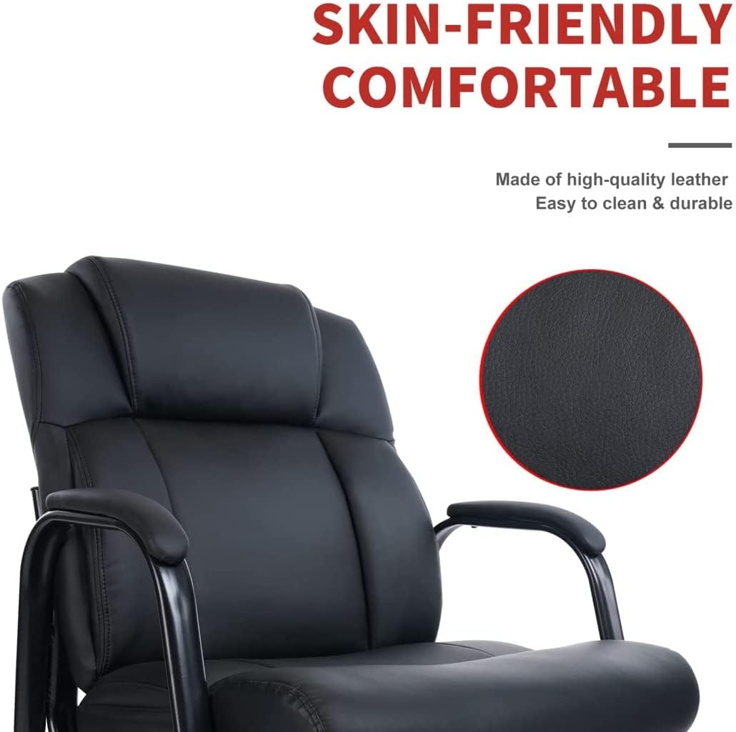 CLATINA Big & Tall 400 lb Waiting Room Guest Executive Chair with Bonded Leather Padded Armrest Modern Style with Sled Base and Solid Metal Frame for Office Reception and Conference (Black-B(A))