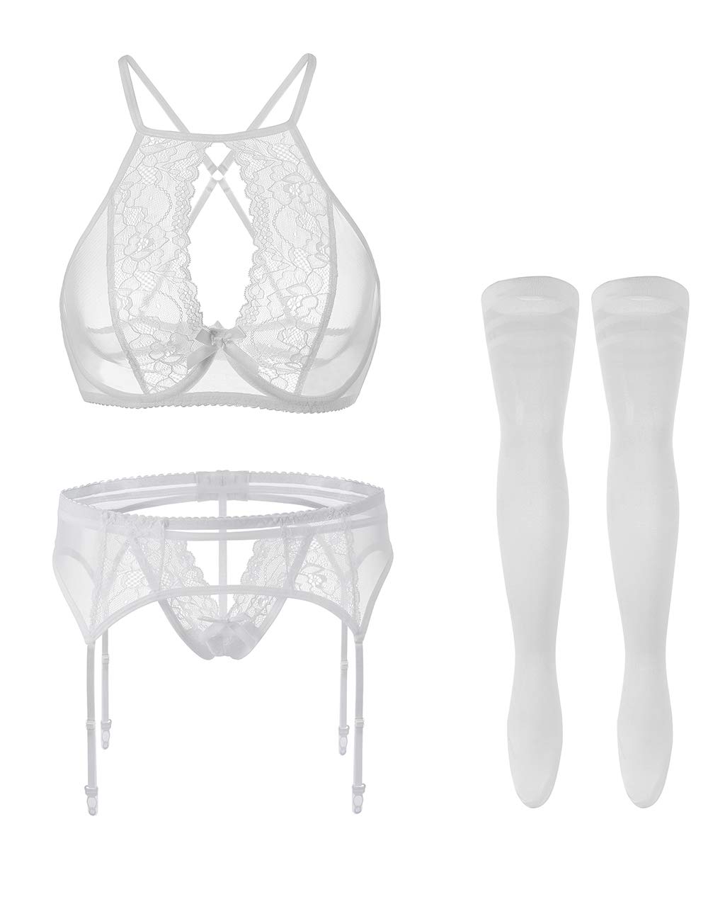 XSPICE White Garter Lingerie For Women,Lingerie Set Garter Belts And Stocking Sets 4PCS
