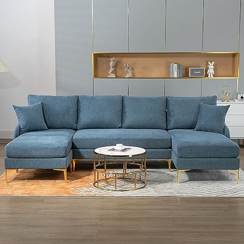 FANYE 110'' Modern Reversible Chaise Sectional U-Shaped Convertible, 4-Seat Polyester Blend Upholstered Sofa & Couch with 2 Pillows and Metal Legs for Home Apartment Office Living Room, Green, Blue