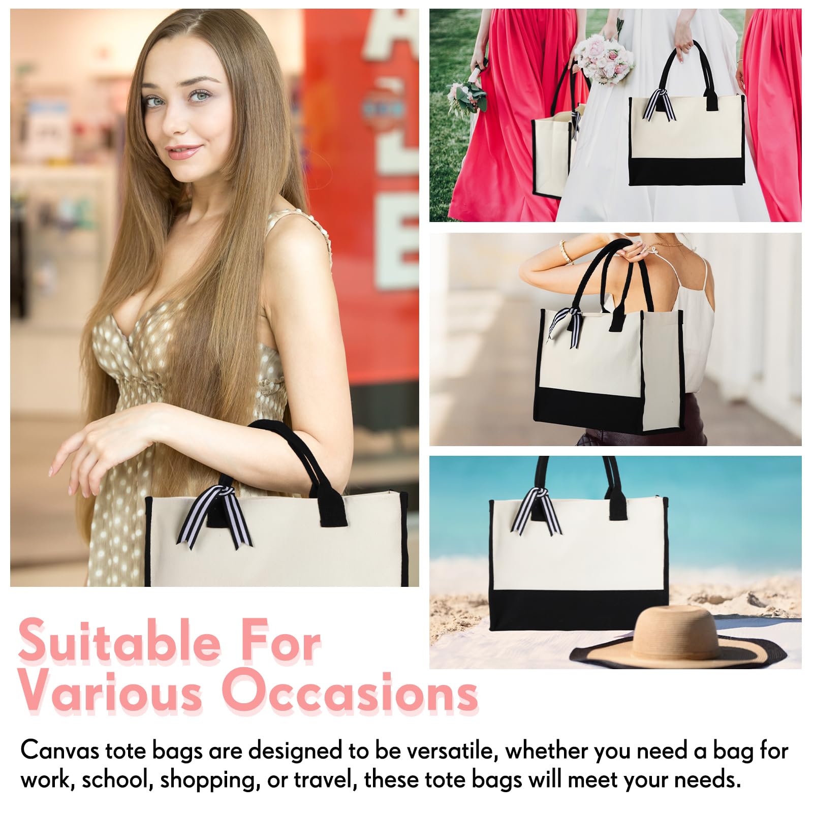 Sweetude 20 Pcs Canvas Beach Bag Initial Classic Present Bag for Women DIY Personalized Canvas Tote Bag for Wedding Bridal Bridesmaid Birthday Beach Holiday(Natural White)