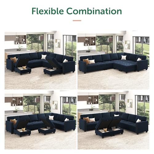 HONBAY Velvet Convertible Sectional Sofa with Storage Ottoman Oversized U Shaped Couch with Reversible Chaise Corner Sectional Sofa, Dark Blue