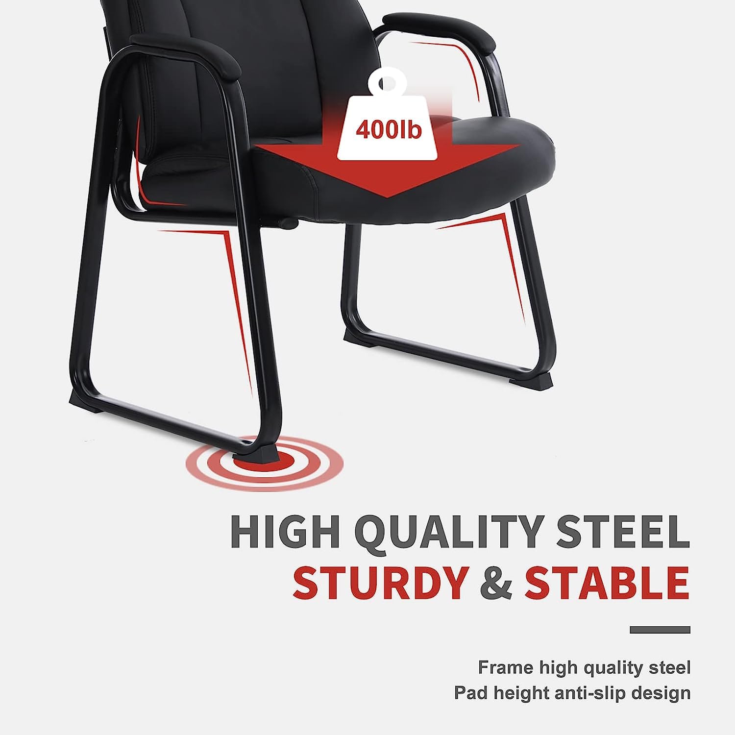 CLATINA Big & Tall 400 lb Waiting Room Guest Executive Chair with Bonded Leather Padded Armrest Modern Style with Sled Base and Solid Metal Frame for Office Reception and Conference (Black-B(A))