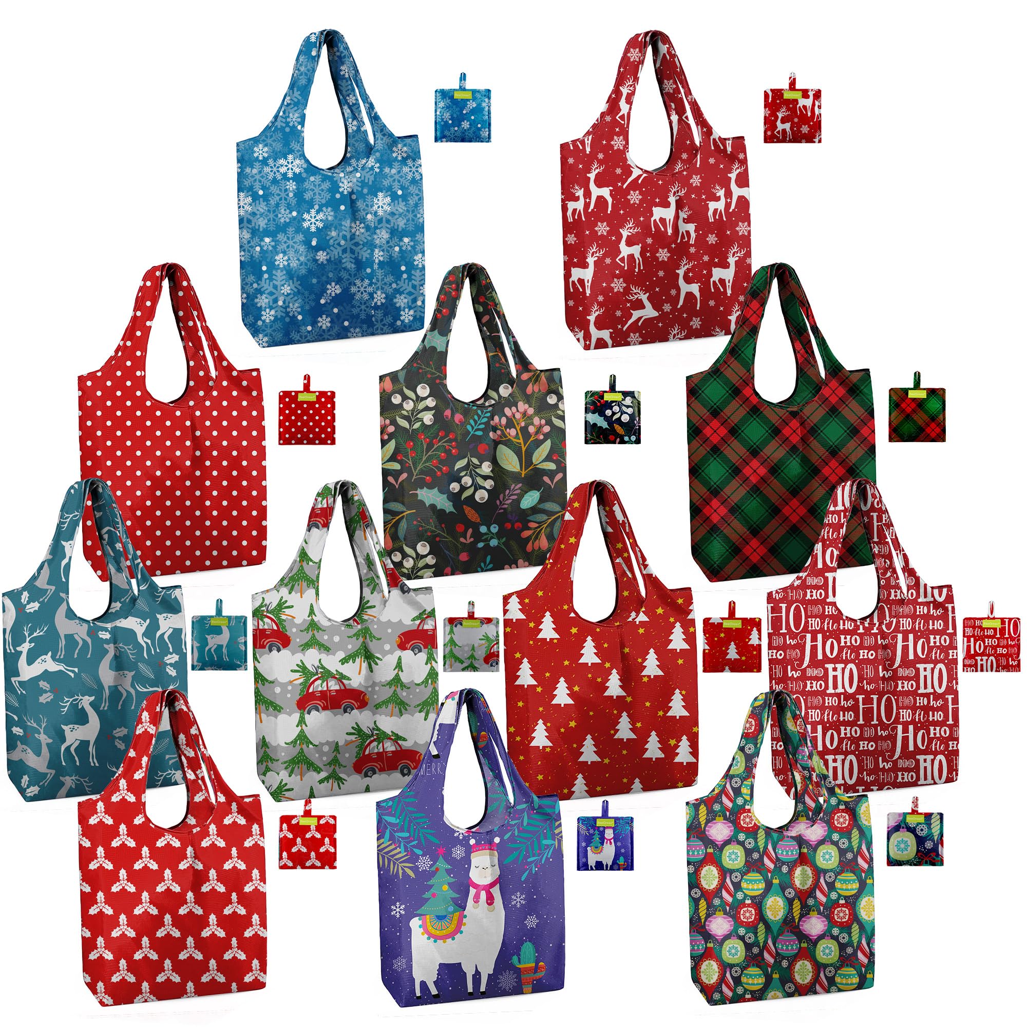 BeeGreen Christmas Red Reusable Grocery Bags 12 Pack with Storage Pouch & Elastic Band Gift Bags Shopping Tote Bags Bulk Ripstop 50LBS Extra Large Foldable Machine Washable