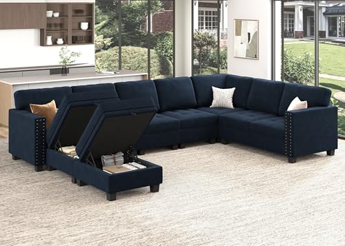 HONBAY Velvet Convertible Sectional Sofa with Storage Ottoman Oversized U Shaped Couch with Reversible Chaise Corner Sectional Sofa, Dark Blue