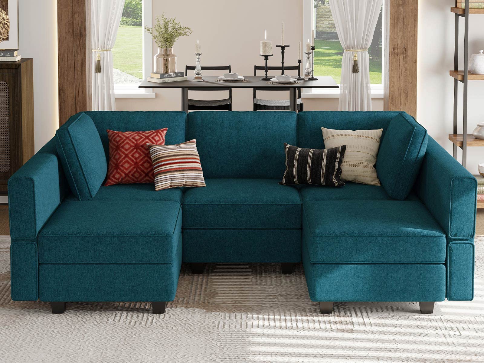 Belffin Sectional U Shaped Sofa Small Reversible Chaise Sectional Couch Convertible Ottoman Modular Sofa Couch Peacock Blue
