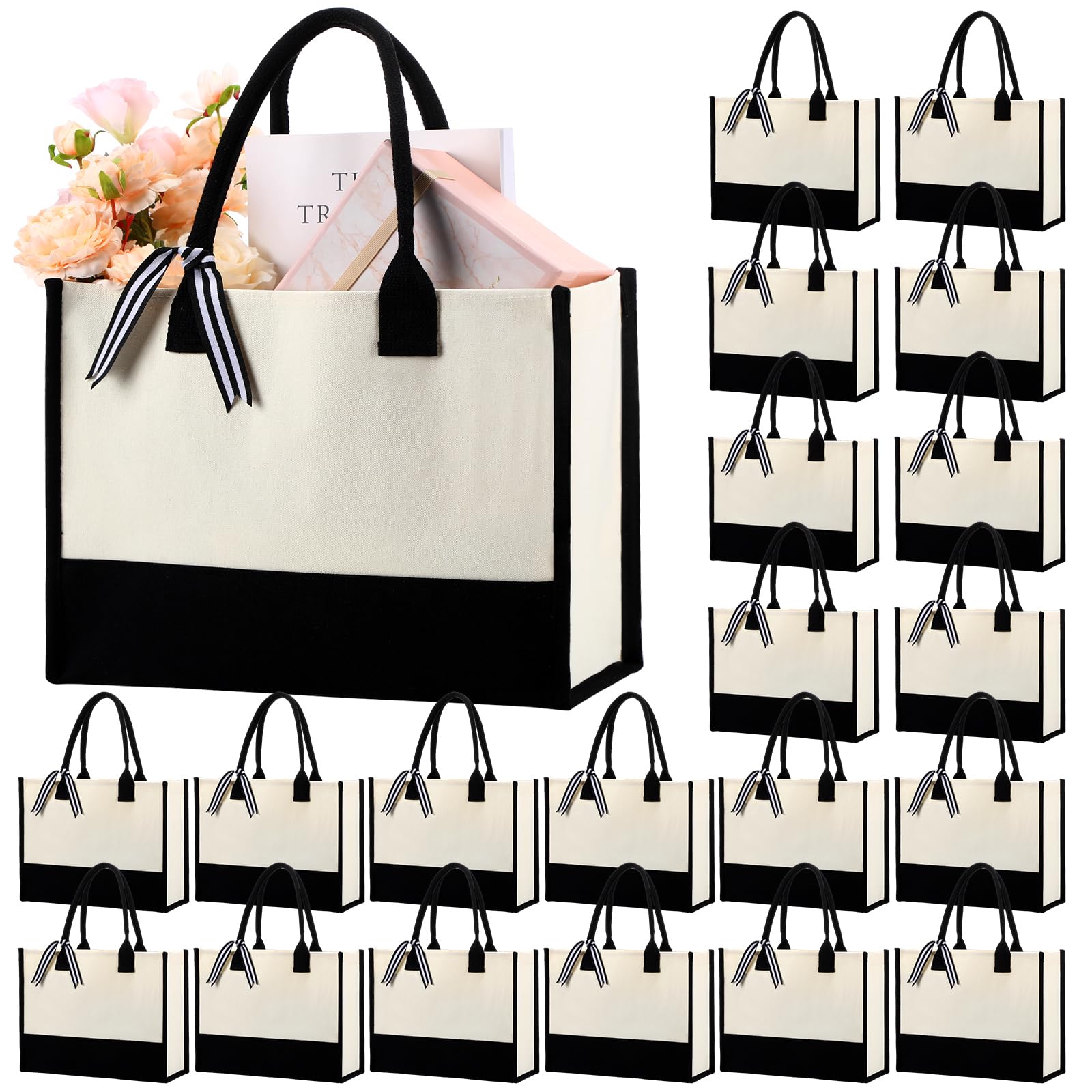 Sweetude 20 Pcs Canvas Beach Bag Initial Classic Present Bag for Women DIY Personalized Canvas Tote Bag for Wedding Bridal Bridesmaid Birthday Beach Holiday(Natural White)