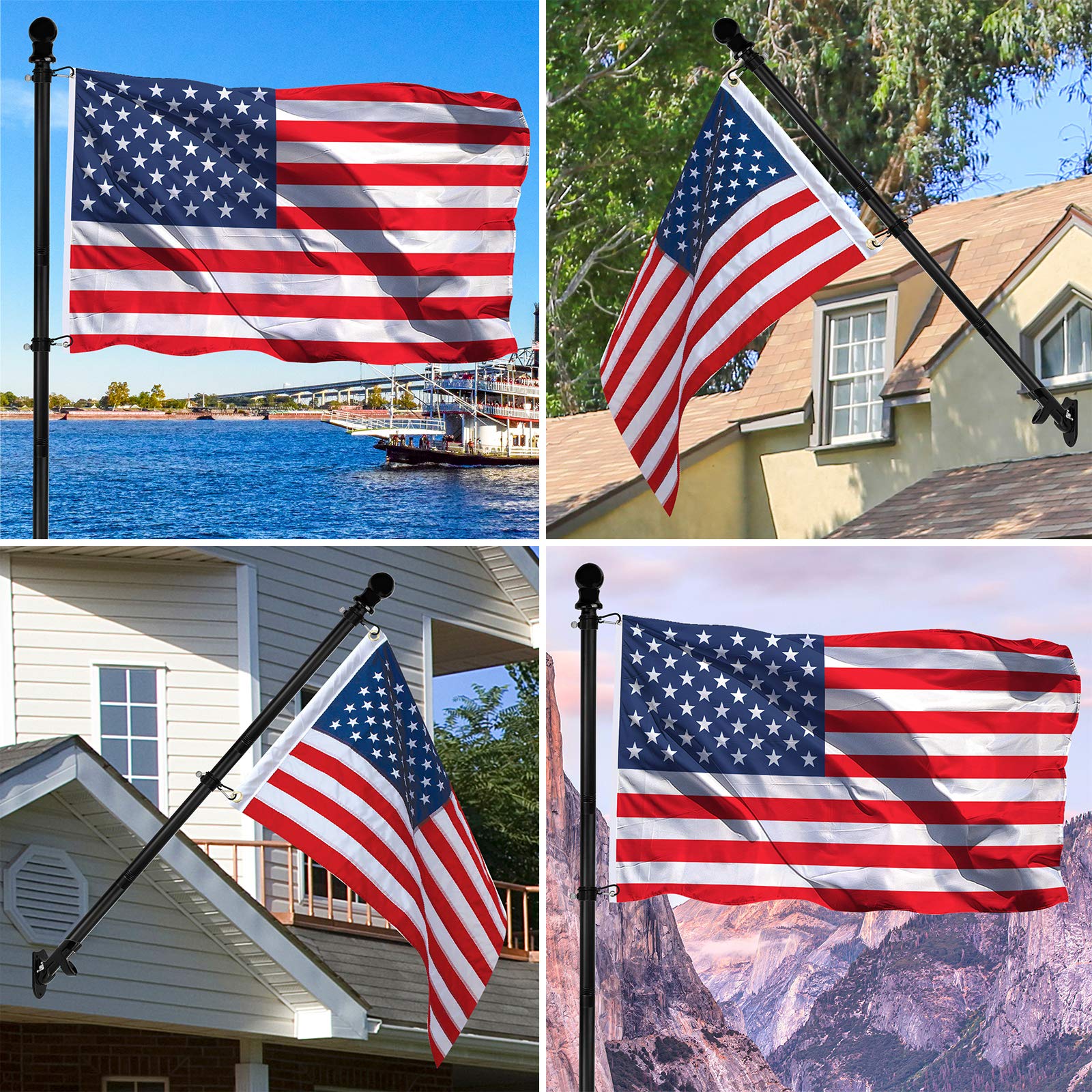 HOOSUN 6 FT Flag Pole Kit with 2 Rotating Rings and Flag Pole Clips,Flag Poles for Outside House,Black Stainless Steel Adjustable Pole for Commercial Or Residential