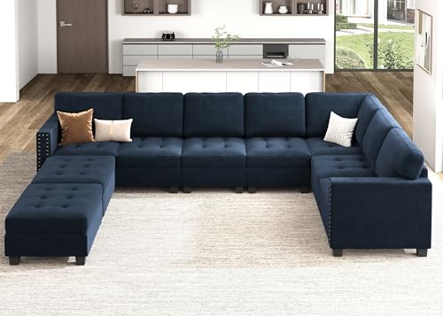 HONBAY Velvet Convertible Sectional Sofa with Storage Ottoman Oversized U Shaped Couch with Reversible Chaise Corner Sectional Sofa, Dark Blue
