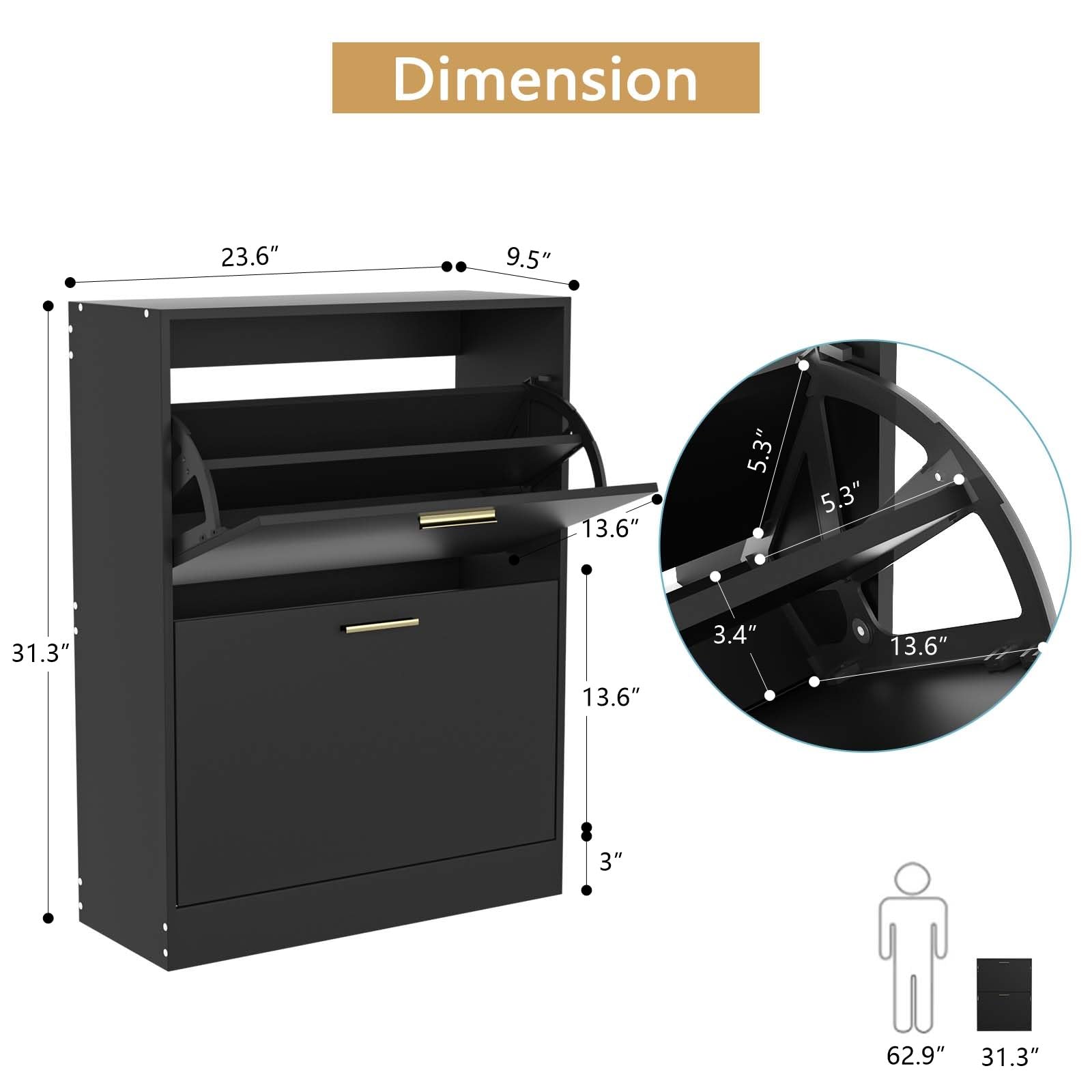 LYNSOM Shoe Cabinet, Free Standing Tipping Bucket Shoe Rack Organizer with 2 Flip Drawers, Modern Entryway Shoe Storage with Top Display, Narrow Slim Hidden Shoe Cabinet (Black)