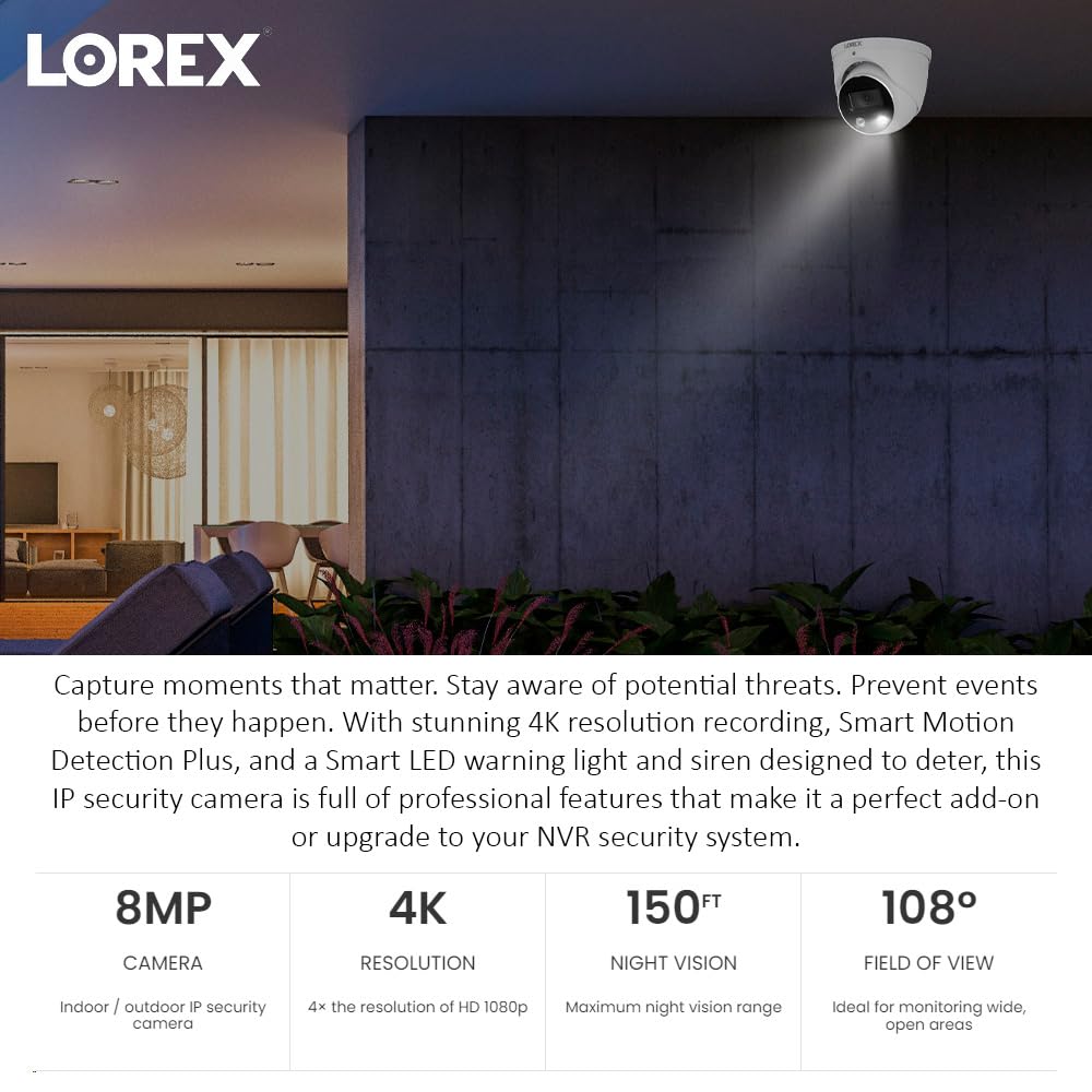 Lorex 4K Ultra HD Smart Deterrence IP 8MP Remote Access Dome Camera with Smart Motion Detection Plus Bundle (2-Pack) (2 Items)
