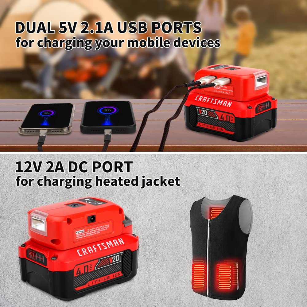 Hiesuan Battery Adapter Charger for Craftsman V20 Li-ion Battery, Power Source with 3W 140LM LED Light, 2 USB Ports, 12V DC Port Flashlight Worklight Outdoor Camping Lantern Light