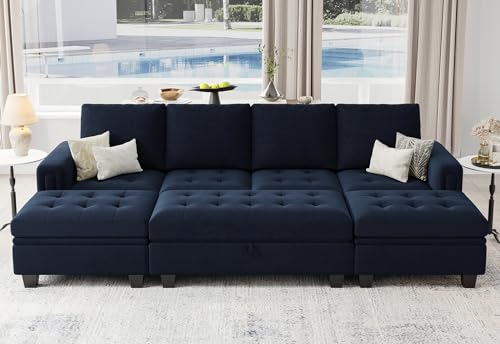 Belffin Velvet Convertible 4-Seat Sectional Sleeper Sofa with Reversible Chaise Sleeper Sectional Couch Bed with Storage Ottoman Sectional Sofa Couch Set Blue