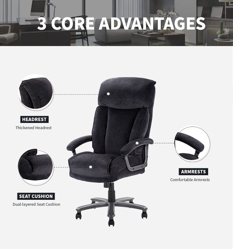 CLATINA Comfortable Big and Tall Executive Office Chair with 400lbs Weight Capacity, Thick Padding, Adjustable Height and Upholstered Design Sturdy for Home Office Black