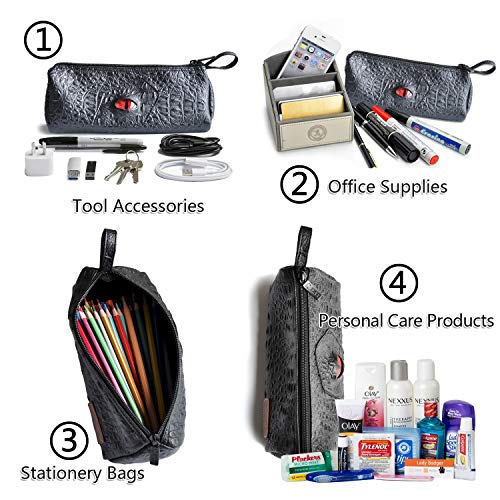 CZYY Pencil Case Black Faux Leather with 3D Dragon Eye and Name Tag Large Zipper Pen Pouch for School, Office & Art