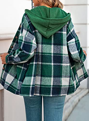 EVALESS Women's Hooded Flannel Fall Fleece Plaid Shacket Jacket 2023 Fashion Casual Long Sleeve Button Down Shirts Coats,Green XL