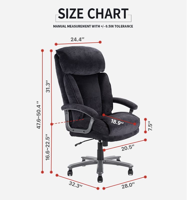 CLATINA Comfortable Big and Tall Executive Office Chair with 400lbs Weight Capacity, Thick Padding, Adjustable Height and Upholstered Design Sturdy for Home Office Black