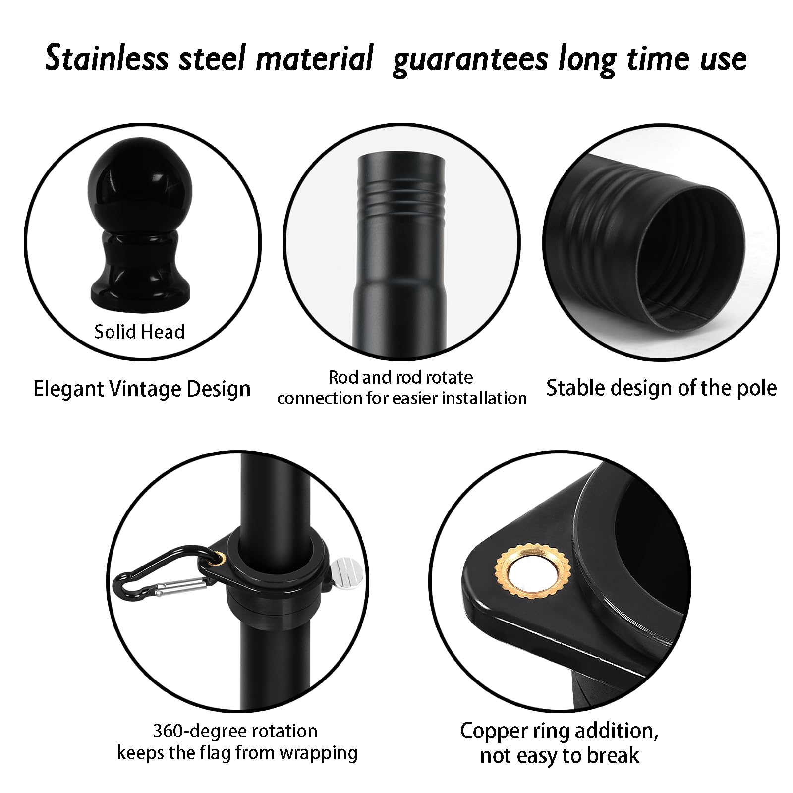 HOOSUN 6 FT Flag Pole Kit with 2 Rotating Rings and Flag Pole Clips,Flag Poles for Outside House,Black Stainless Steel Adjustable Pole for Commercial Or Residential