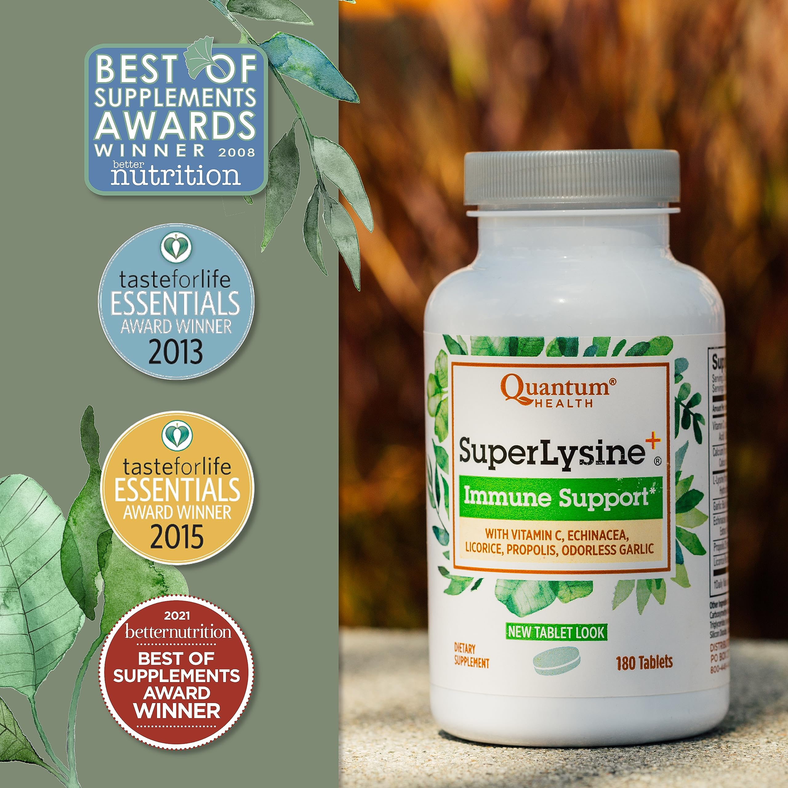 Quantum Health Super Lysine+ / Advanced Formula Lysine+ Immune Support with Vitamin C, Echinacea, Licorice, Propolis, Odorless Garlic (180 Tablets), Packaging may vary