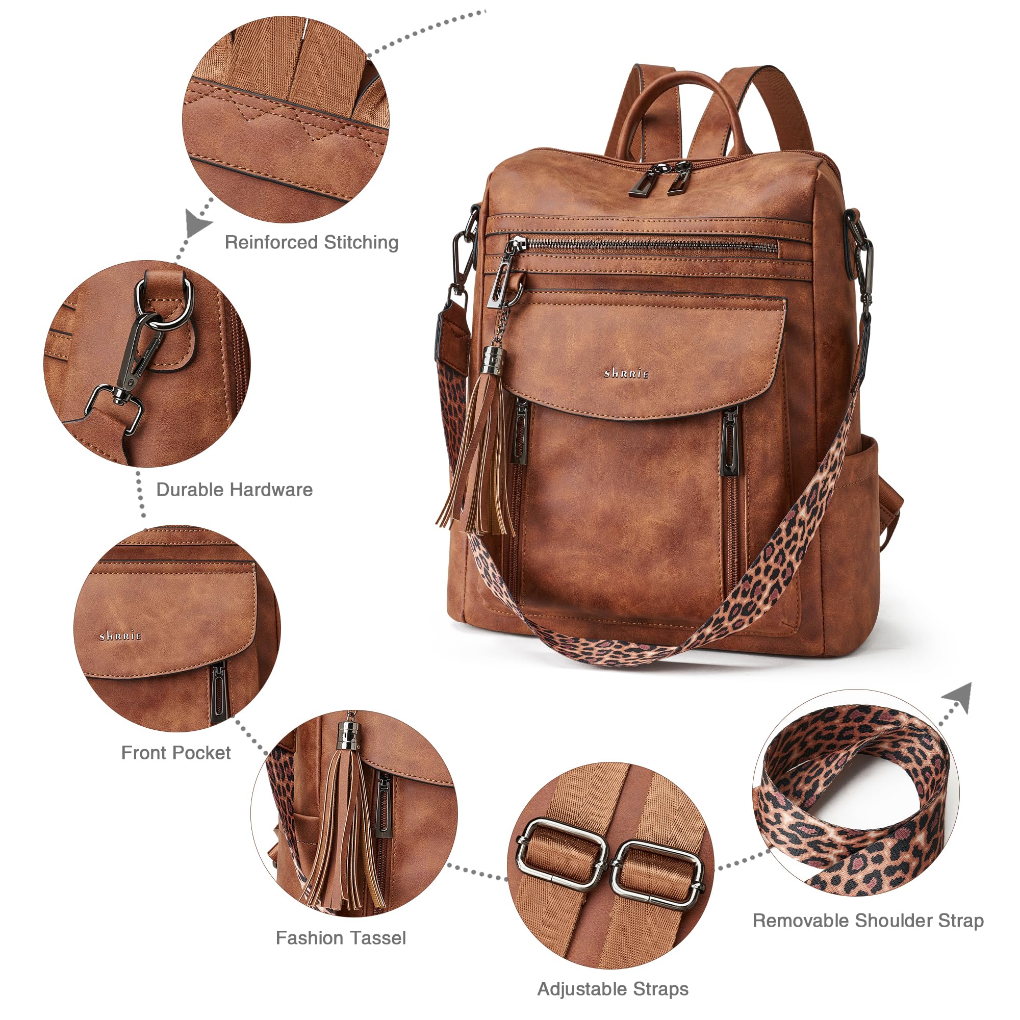 Shrrie Backpack Purse for Women Fashion Leather Backpack Purse Designer Travel Backpack Convertible Shoulder Bag with Wristlet