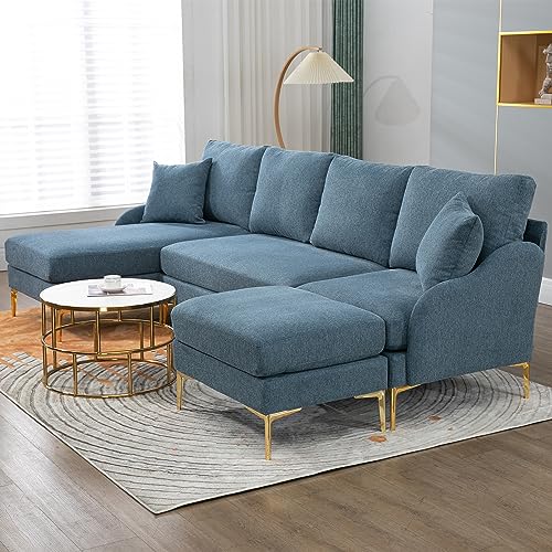 FANYE 110'' Modern Reversible Chaise Sectional U-Shaped Convertible, 4-Seat Polyester Blend Upholstered Sofa & Couch with 2 Pillows and Metal Legs for Home Apartment Office Living Room, Green, Blue