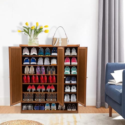 DYRABREST Bamboo Shoe Cabinet with 3 Doors, 8 Tier Free Standing Shoe Racks Shoe Rack Shelf Large Capacity Shoe Storage Cabinet for Hallway Office Living Room (8 Tiers)
