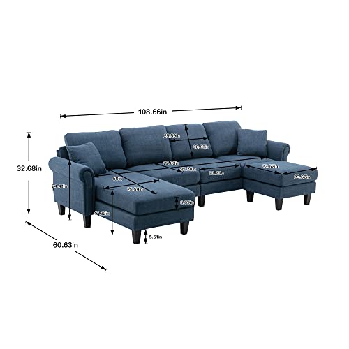 HAUSHECK Modern 4 Seater Sofas, U Shaped Modular Set with Ottomans, Sectional Couches for Living Room, Apartment, 108.66" L x 60.63" W x 32.68" H, Navy