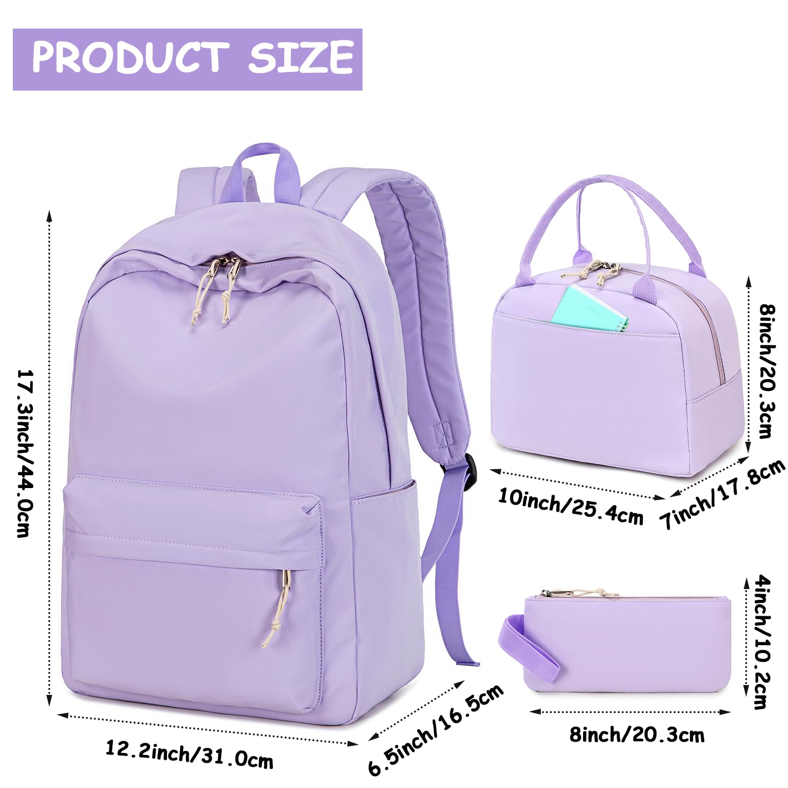 Bluboon School Backpack Set Girls Womens Laptop Bookbag Casual Daypack Fits 15 inch Laptop with Lunch Tote Bag and Pencil Bag(Purple-3 set)