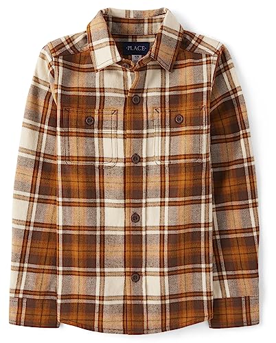 The Children's Place,Long Sleeve Plaid Flannel Button Up Shirt,HAY Stack,XLarge (14)