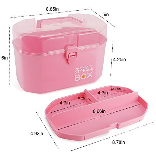 HengLiSam Plastic Box Organizer with Removable Tray, Multipurpose Organizer for Girls, Portable Handled Storage Case for Art Craft and Cosmetic(Pink)