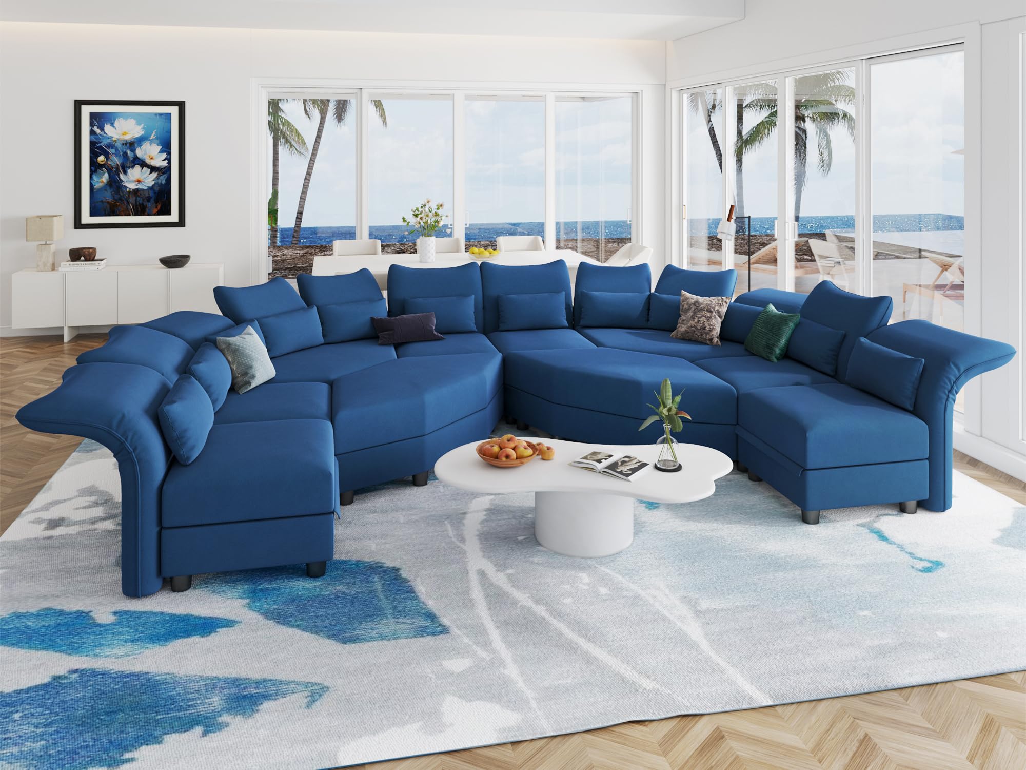 LLappuil Sectional Sofa Convertible U Shaped High Back Modular Couch with Storage Wide Chaise 10 Seat Comfy Modular Sectional Couch Scratch Resistant Easy Clean for Living Room, Blue