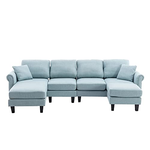 Eafurn U-Shaped Sectional Sofa w/Chaise Lounge and Movable Ottoman,108.66" Convertible Corner Couch,5 Seater Linen Upholstery Sofa&Couches with 2 Pillows for Living Room Furniture Sets, Light Blue
