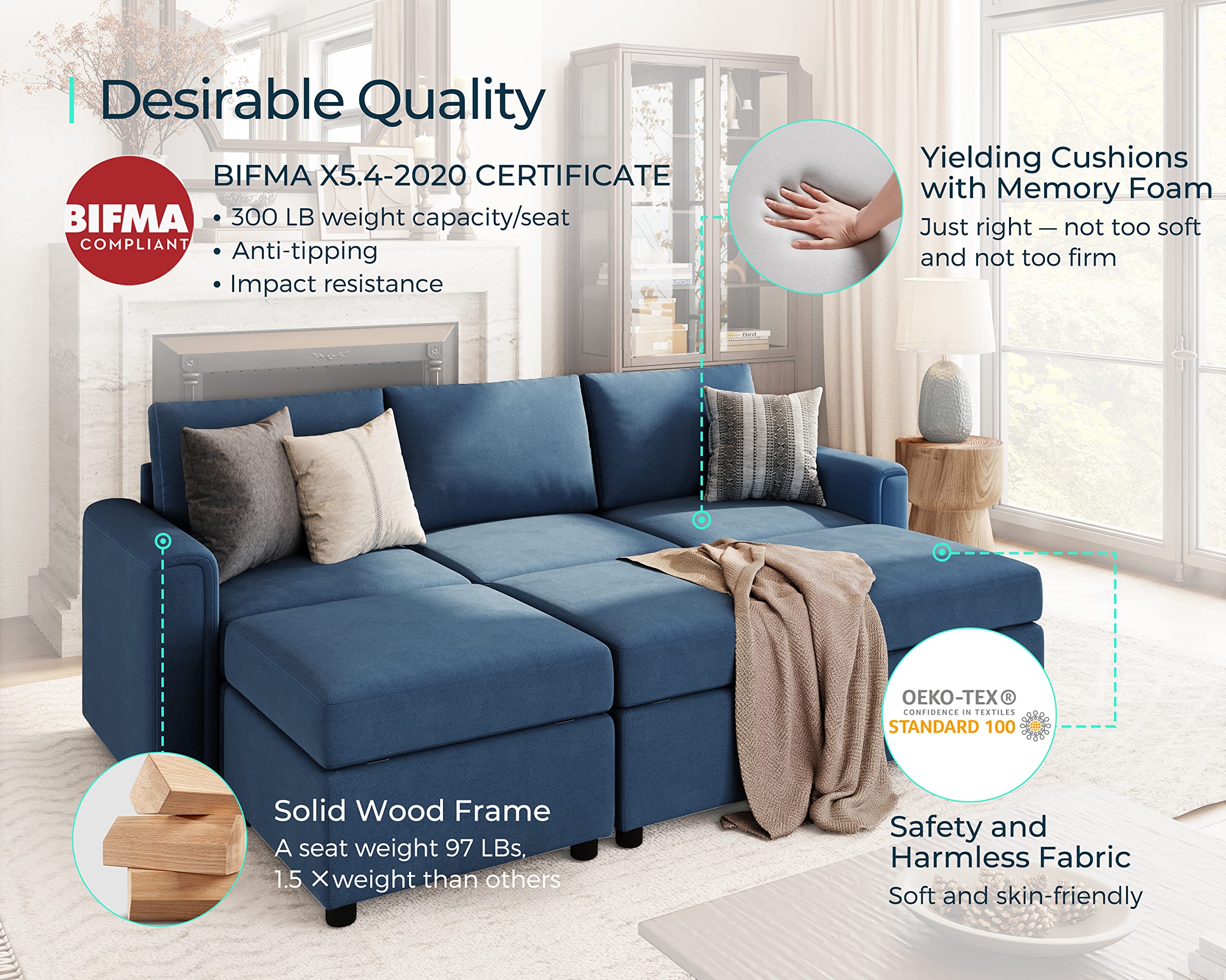 LINSY HOME Modular Sectional Sleeper Sofa, Sectional Couch with Ottoman Memory Foam, Storage Under Each Seat, Sofa Covers Washable Changeable, for Living Room, Blue