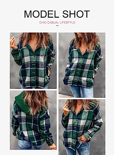 EVALESS Women's Hooded Flannel Fall Fleece Plaid Shacket Jacket 2023 Fashion Casual Long Sleeve Button Down Shirts Coats,Green XL