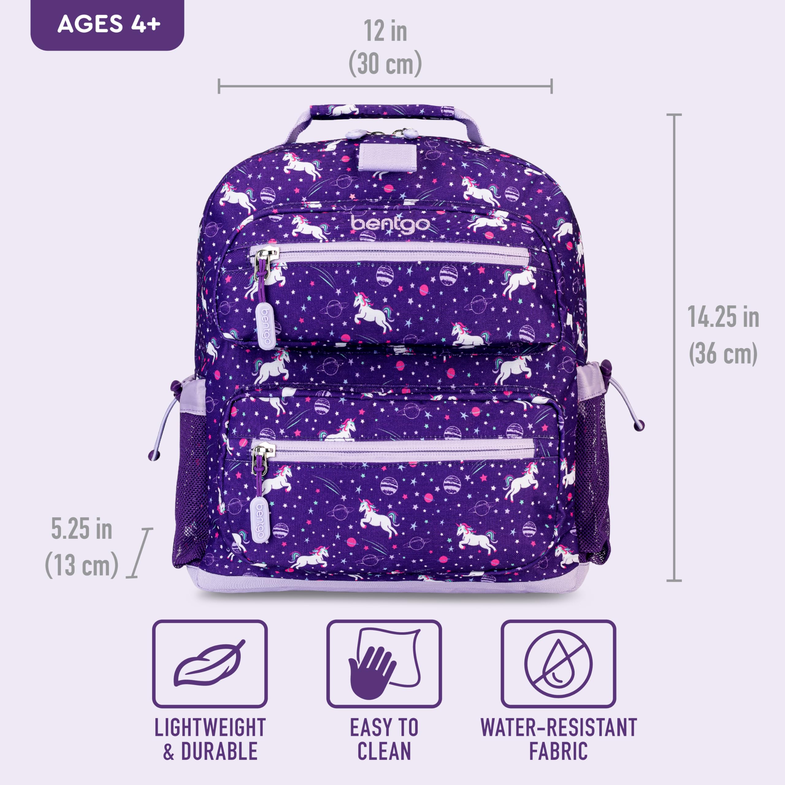 Bentgo Kids Backpack - Lightweight 14” Backpack in Fun Prints for School, Travel, & Daycare, Ideal for Ages 4+, Roomy Interior, Durable & Water-Resistant Fabric, & Loop for Lunch Bag (Unicorn)