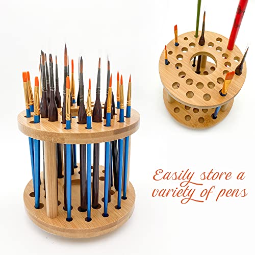 Paint Brush Holder 360 Rotating Bamboo Display Drying Stand Watercolor Coloring Brush Organizer Display Stand Tray Rack with 29 Holes(1 Big Hole 23 middle Holes 5 Small Holes)