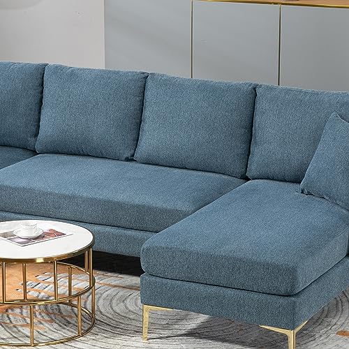 FANYE 110'' Modern Reversible Chaise Sectional U-Shaped Convertible, 4-Seat Polyester Blend Upholstered Sofa & Couch with 2 Pillows and Metal Legs for Home Apartment Office Living Room, Green, Blue