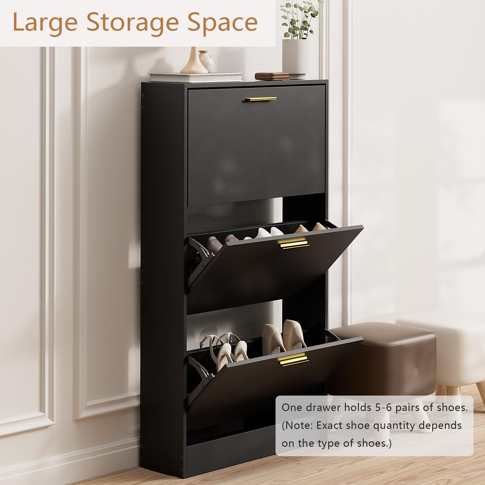 LYNSOM Shoe Cabinet, Free Standing Tipping Bucket Shoe Rack Organizer with 3 Flip Drawers, Modern Entryway Shoe Storage with Top Display, Narrow Slim Hidden Shoe Cabinet (Black)