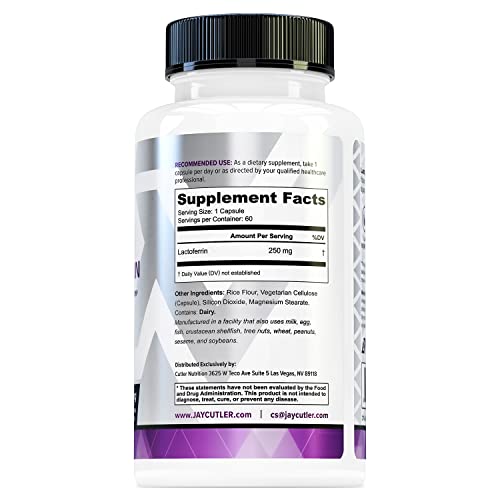 Lactoferrin 250mg Capsules - Glycoprotein Rich Colostrum Supplement for Immune Iron Absorption Support and Digestive Health - 60 Servings High-Purity Daily Colostrum Derived Pills