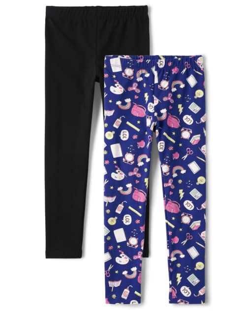 The Children's Place,Printed Leggings 2-Pack,BG School Time Doodle_Electric Violet | Black,Small (5/6)
