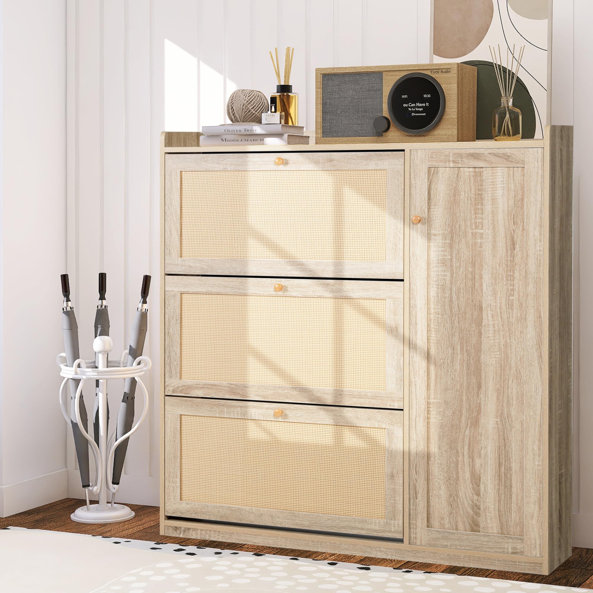 FUQARHY Shoe Cabinet with 3 Flip Drawers & Doors, Modern Slim Shoe Storage Cabinet Free Standing Shoe Organizer Shoe Rack for Boot, Sneaker, Entryway Narrow Shoe Storage for Hallway Living Room