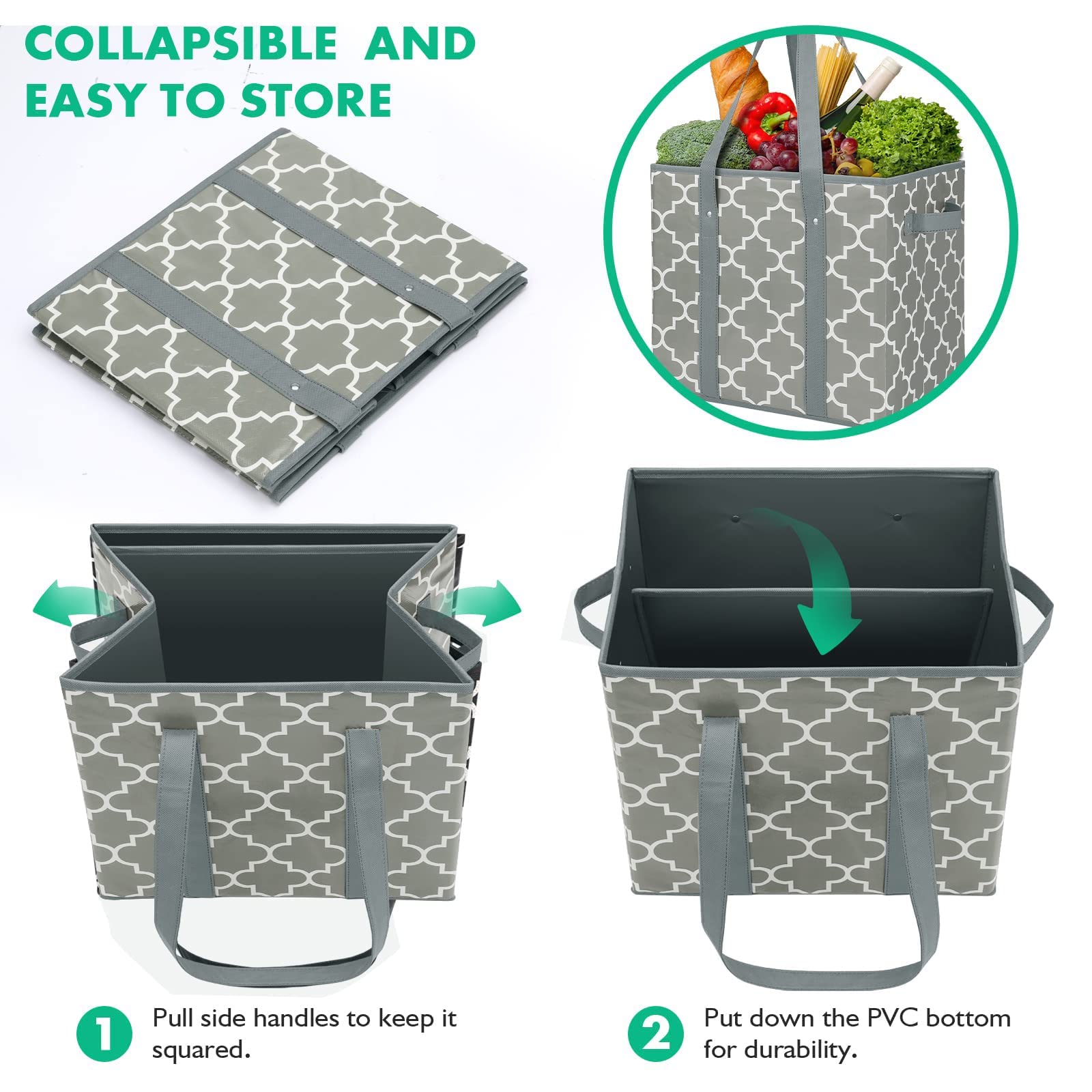 WISELIFE 3-Pack Reusable Grocery Bags Foldable Washable Storage Bins Basket Water Resistant Shopping Utility Tote Bag Grey