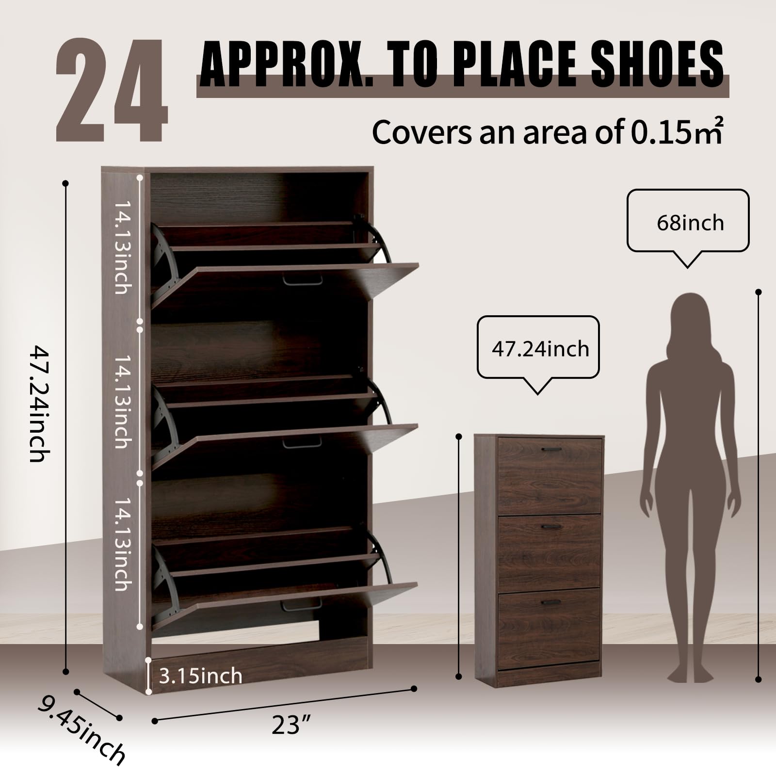 KUMIUNION Shoe Storage Cabinet with 3 Flip Drawers, Freestanding Storage Racks for Entryway Hidden Narrow Shoe Organizers Perfect for Heels, Boots, Slippers, Walnut Brown